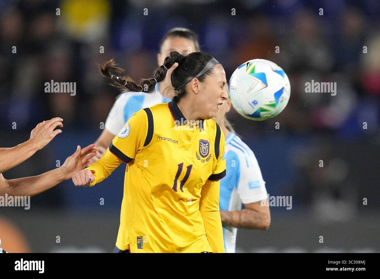 Karen Flores of Ecuador heads the ball during a Women's Copa America ...