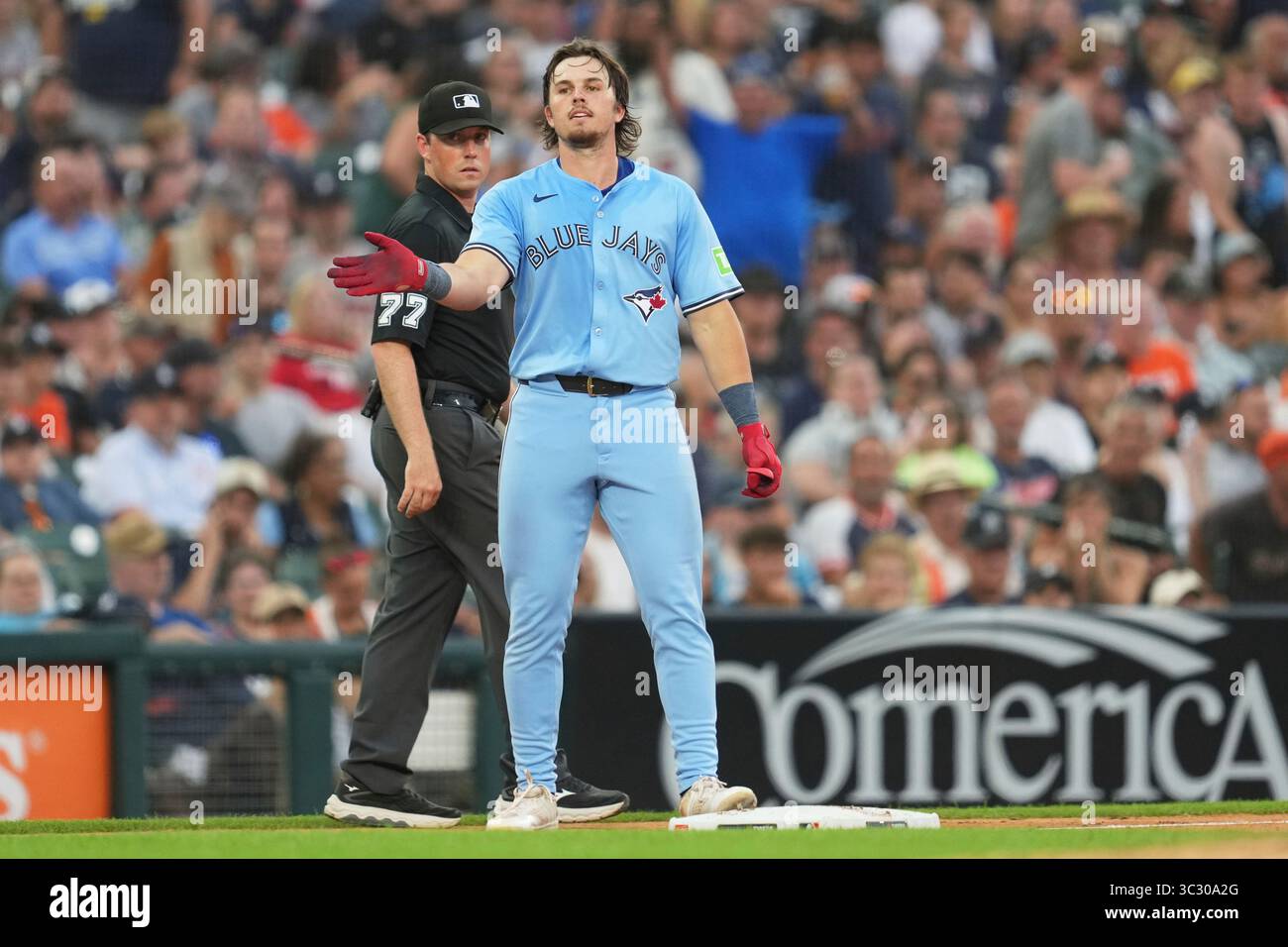Toronto Blue Jays' Addison Barger reacts to his triple against the ...