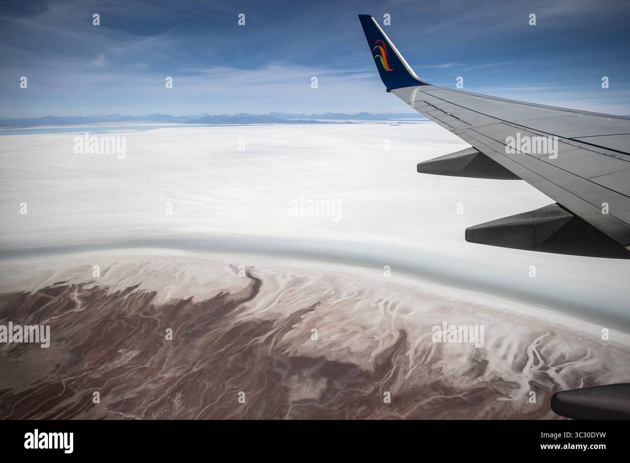 A aerial view of the Salar de Uyuni salt flats in Bolivia, South ...