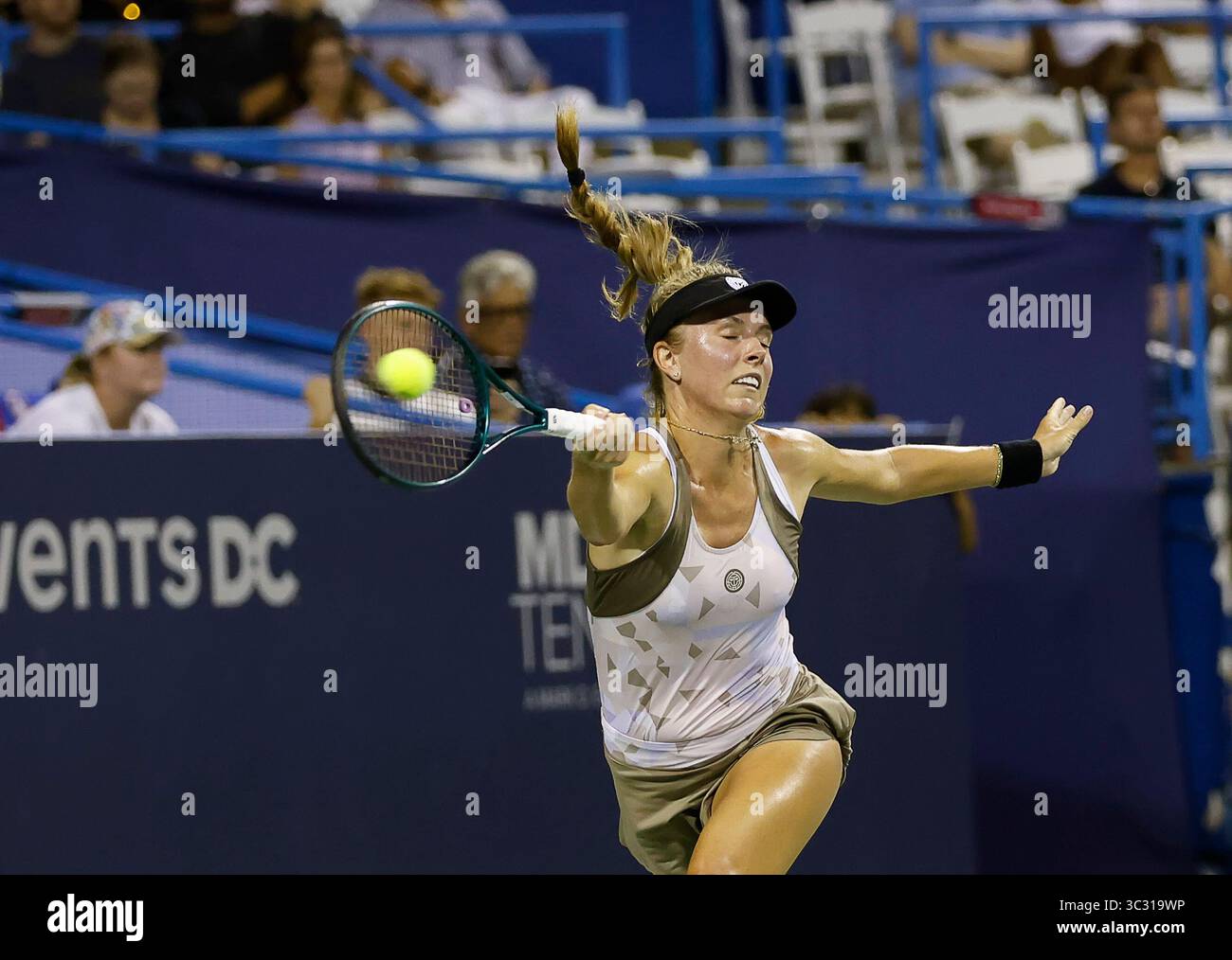 July 24, 2025: Magdalena Frech hits a shot in her match against Venus ...