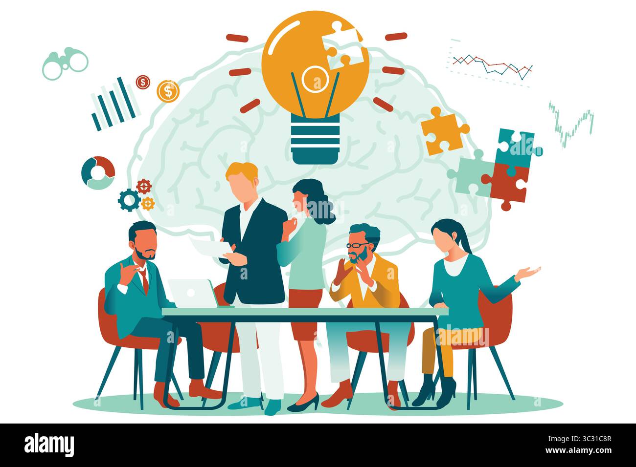 A vector illustration of Business Team Brainstorming Ideas with Light ...