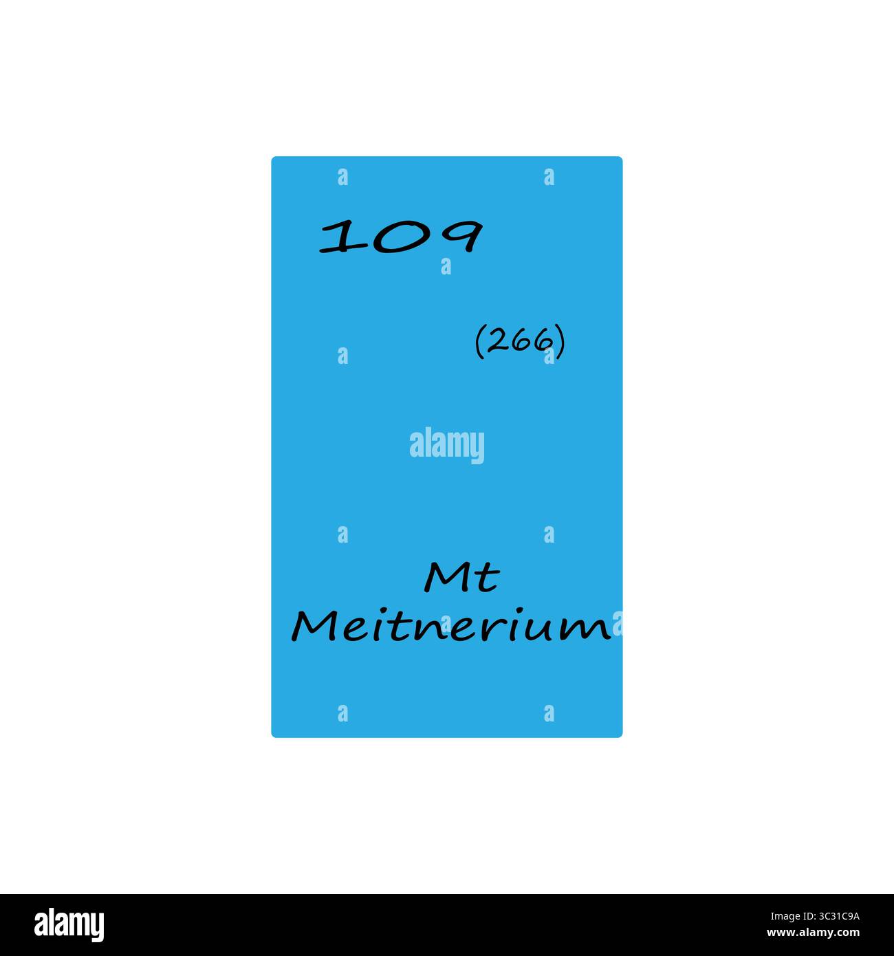 One hundred nine 109 Mt. Meitnerium element display. Number 266 value ...