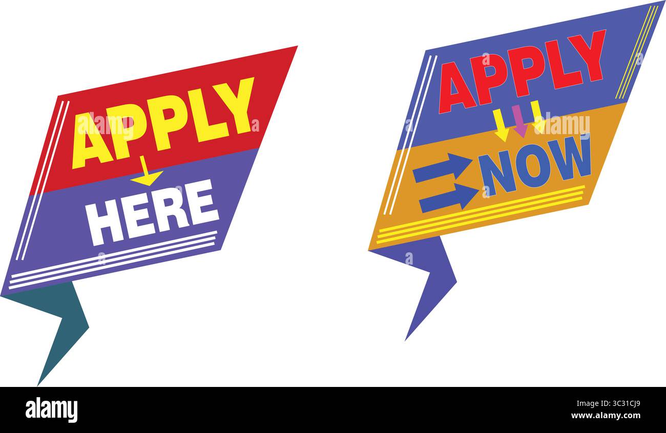 Modern apply now and apply here vector label set with bold arrows for ...