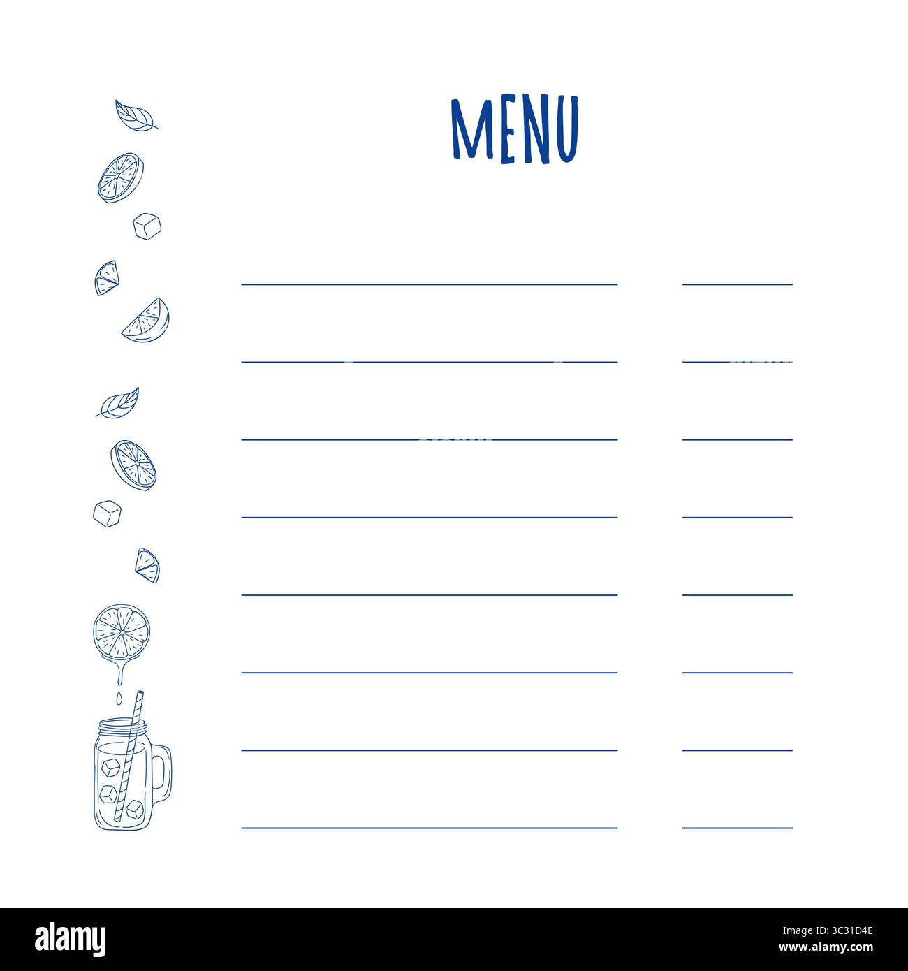Menu design featuring simple illustrations of fruits and ice for a ...