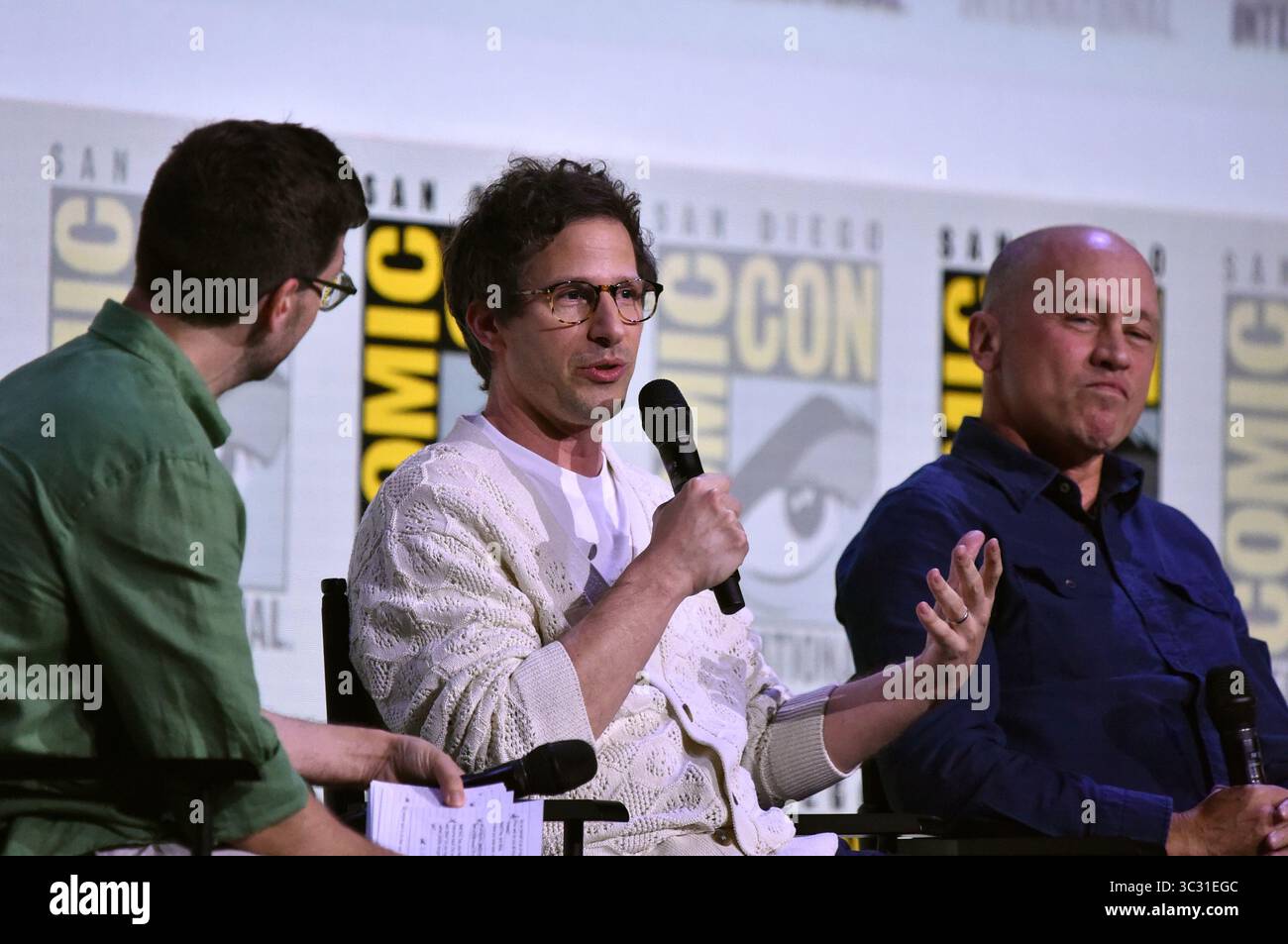 Josh Horowitz, from left, Andy Samberg, and Mike Judge attend the ...