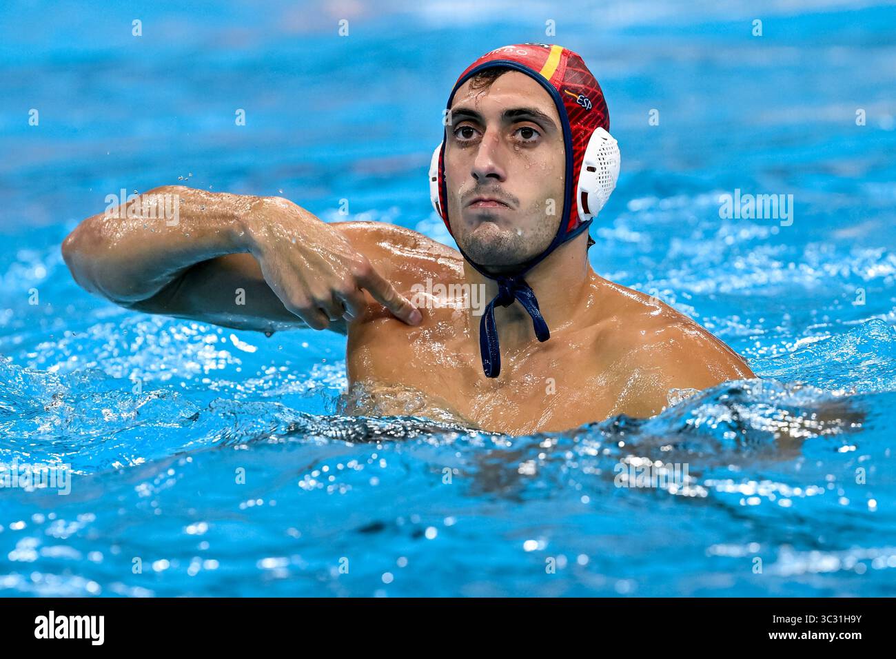 Unai Aguirre of Spain celebrates during the water polo men gold medal ...