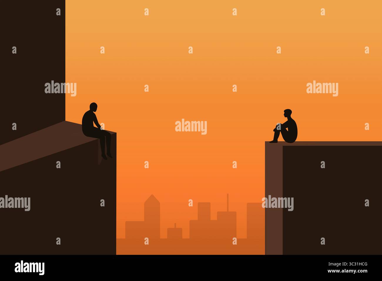lonely city lifestyle concept, silhouette person sit on top of building ...