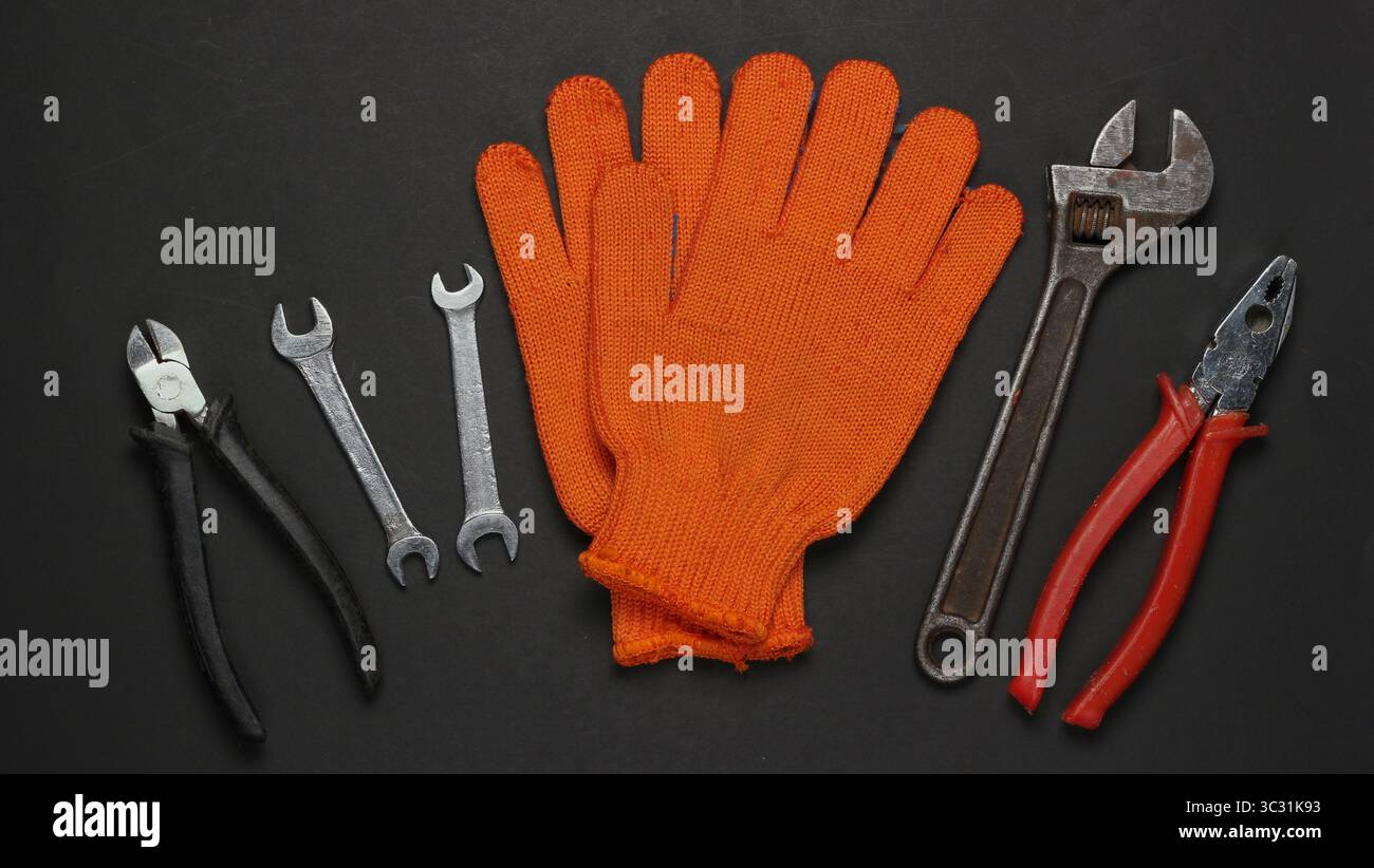 Set of professional work tools on black background. Top view Stock ...