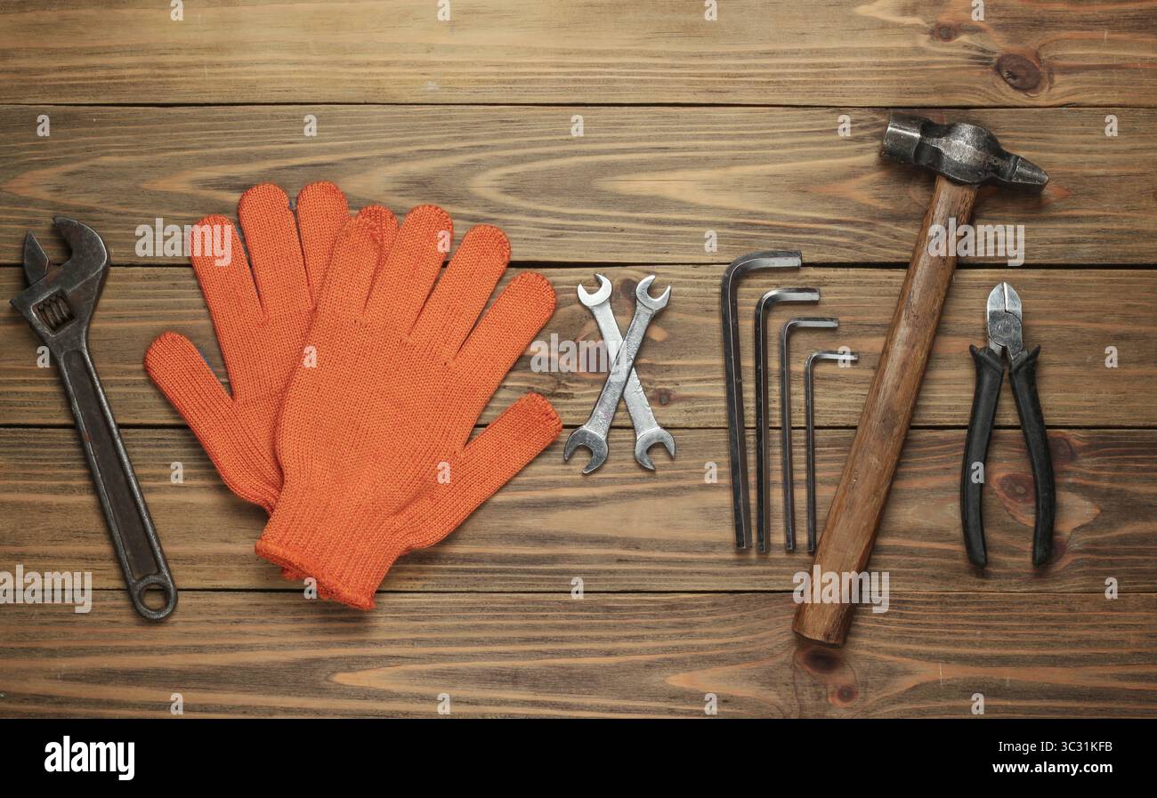 Set of professional work tools on wooden background. Top view Stock ...