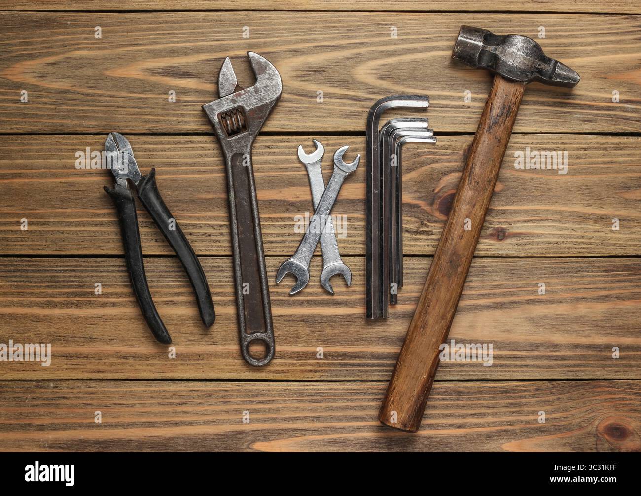 Set of professional work tools on wooden background. Top view Stock ...