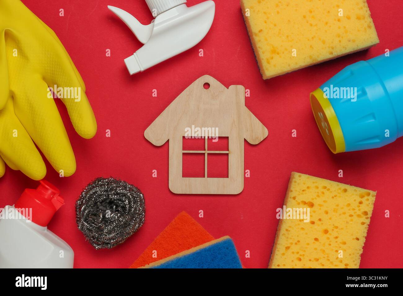 Housekeeping concept. Set of products for cleaning and house figure on ...