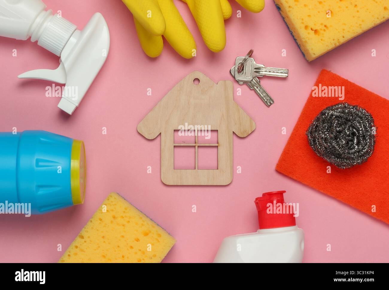 Housekeeping concept. Set of products for cleaning and house figure on ...