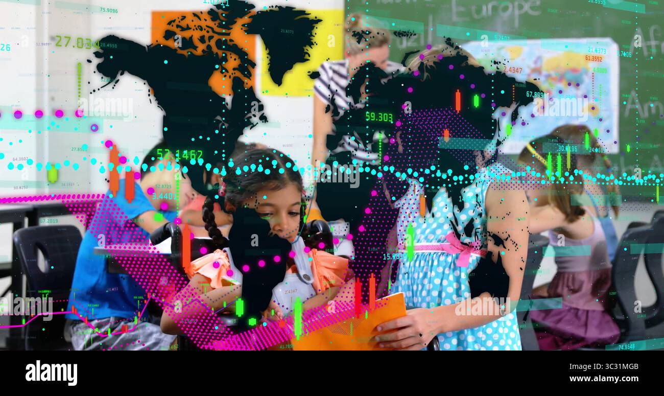 Leaning teacher guiding student in classroom, with tablets data overlay ...