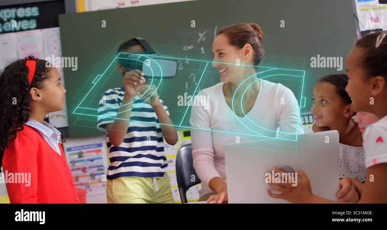 Guiding teacher using laptop and projecting hologram with students ...