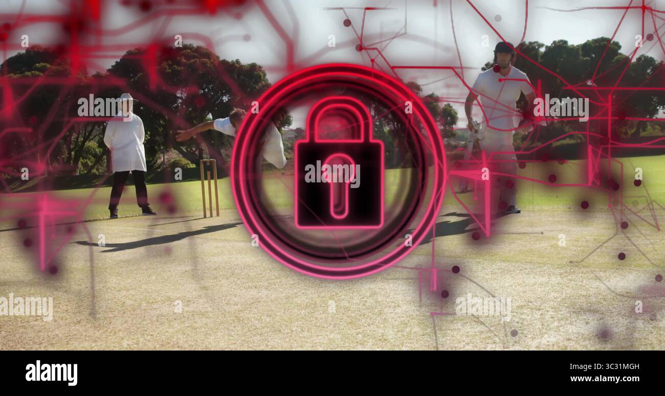 Bowling cricketer wearing white sending ball toward batsman on pitch ...