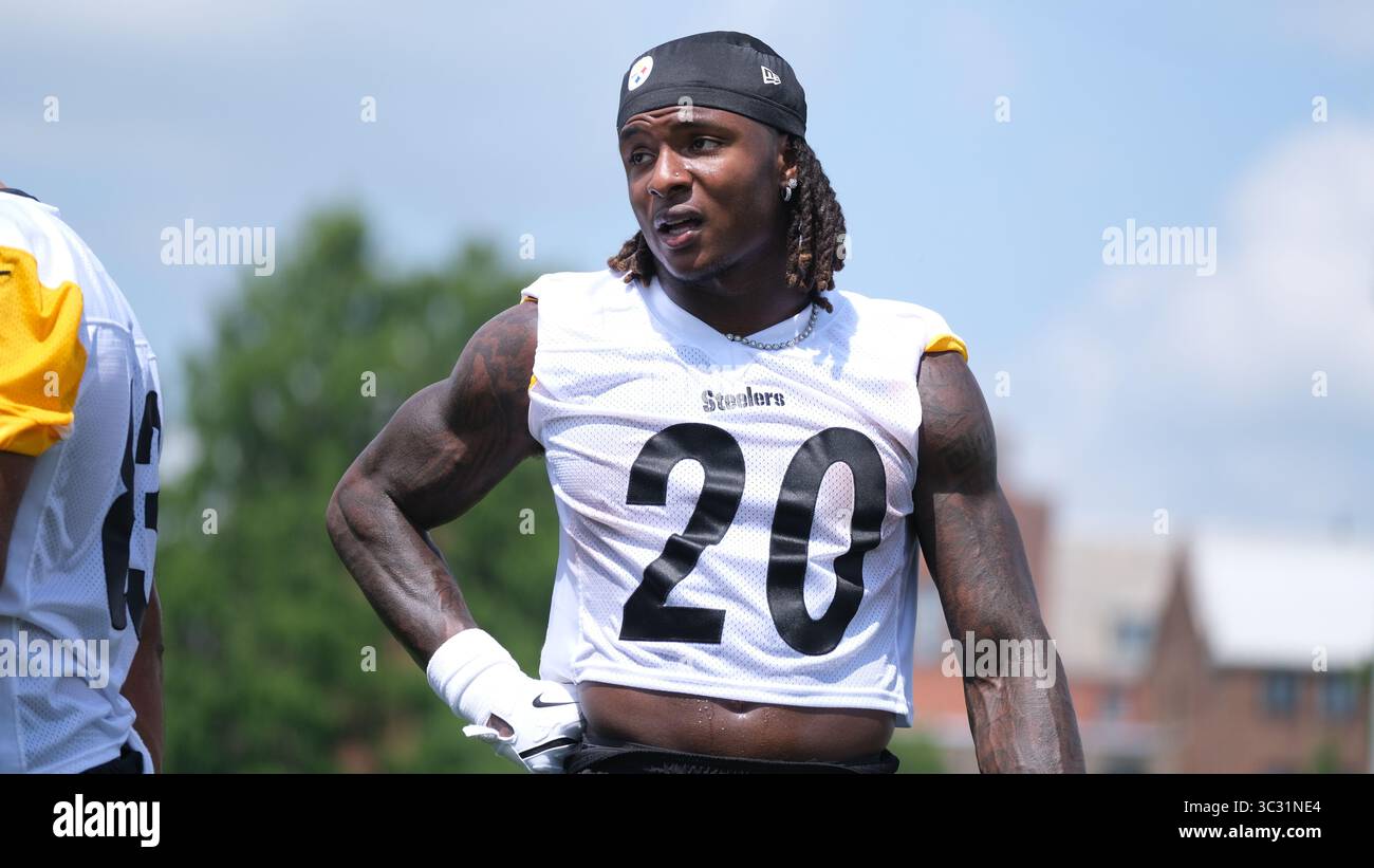 July 24, 2025: Kaleb Johnson #20 during the 2025 Steelers Training Camp in Latrobe, PA at Saint ...
