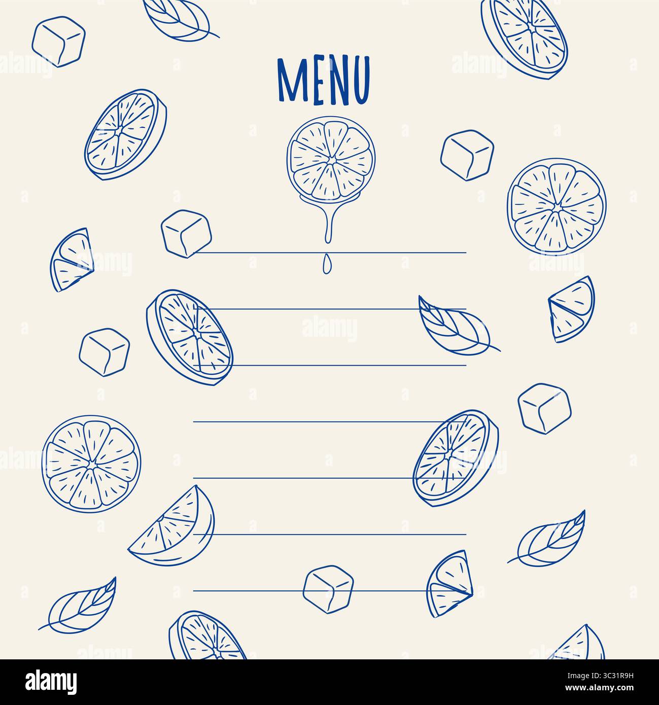 Menu design featuring citrus fruits and ice cubes for a summer ...