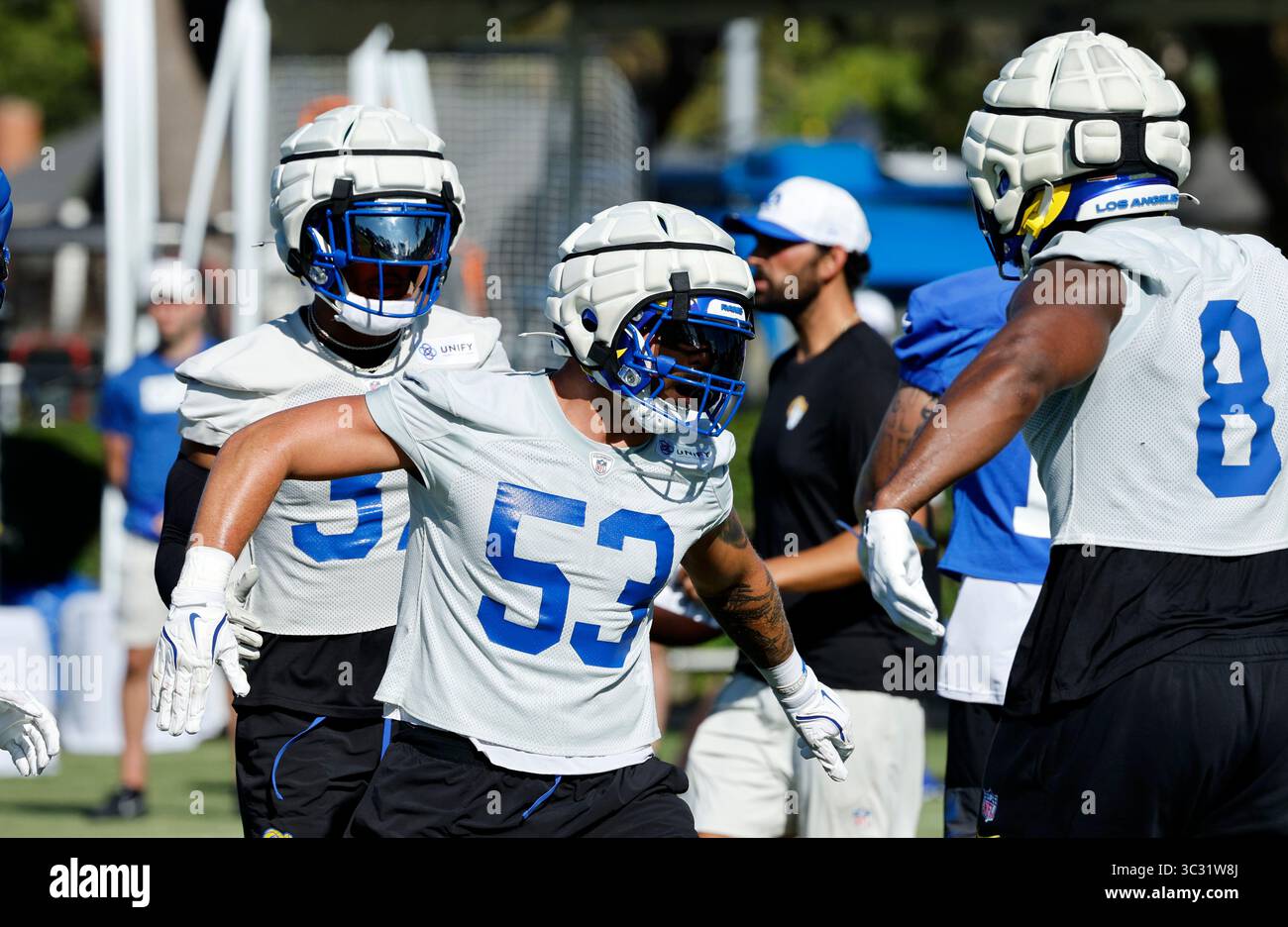 Los Angeles Rams linebacker Nate Landman (53) celebrates after a tackle ...
