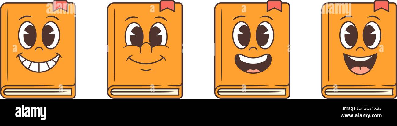 Set of four orange cartoon book mascots with expressive faces ...