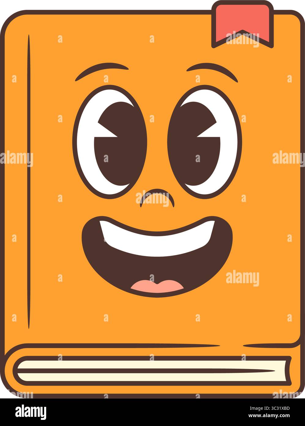 Orange textbook mascot with expressive eyes, smiling mouth with visible ...