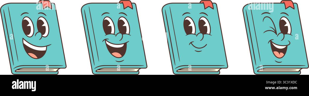 Set of four blue cartoon book mascots featuring excited, calm, and ...
