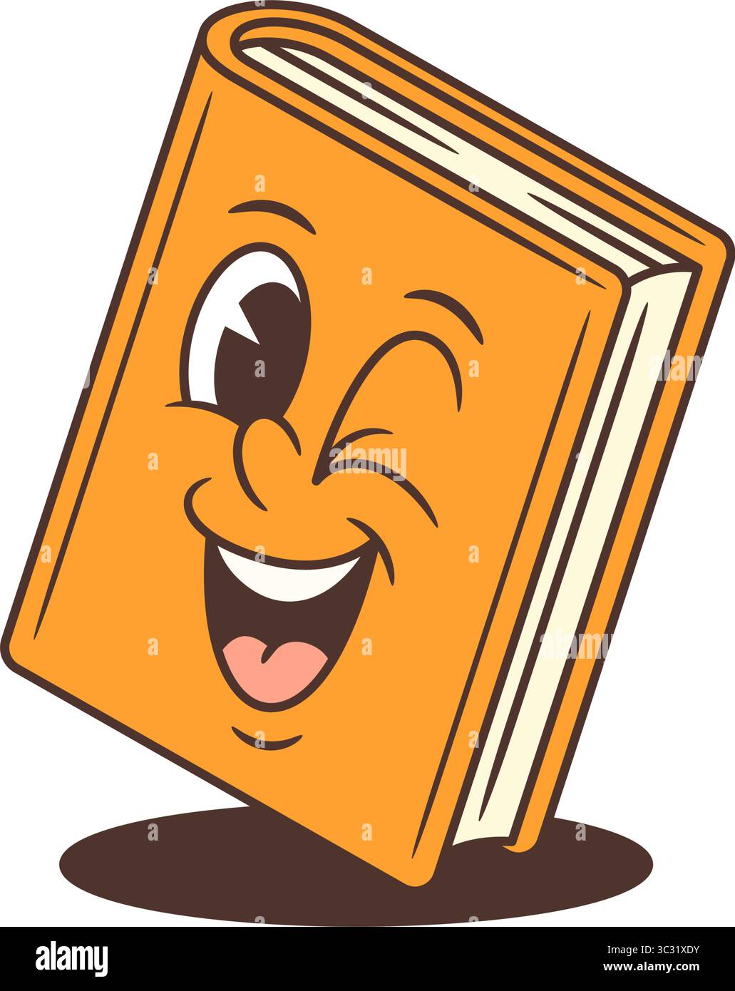 Bright orange cartoon book mascot with one eye winking and a wide open ...