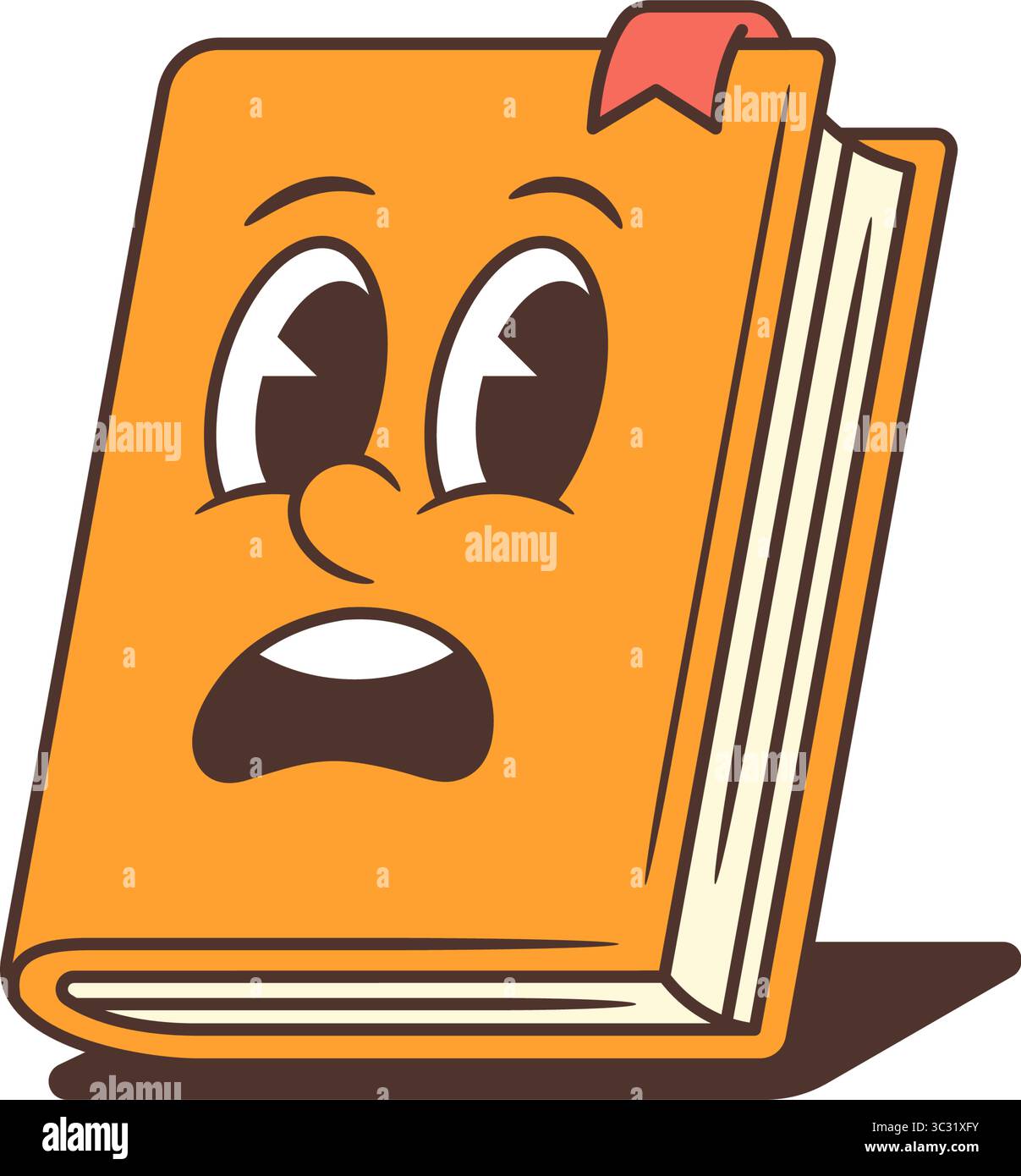 Bright orange cartoon book mascot with wide surprised eyes, open mouth ...