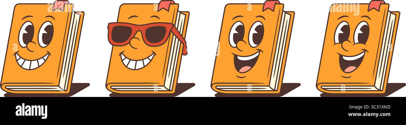 Set of four orange book mascots showcasing friendly, joyful, and ...