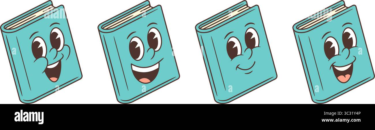 Set of four blue book mascots with vivid facial expressions ranging ...