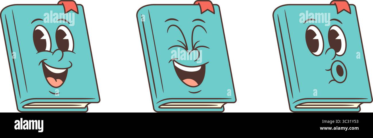 Set of three light blue cartoon book mascots featuring cheerful ...
