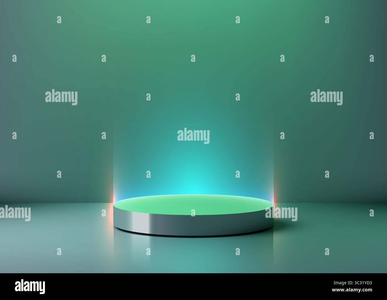 glowing green and cyan metallic cylinder podium in a futuristic teal ...