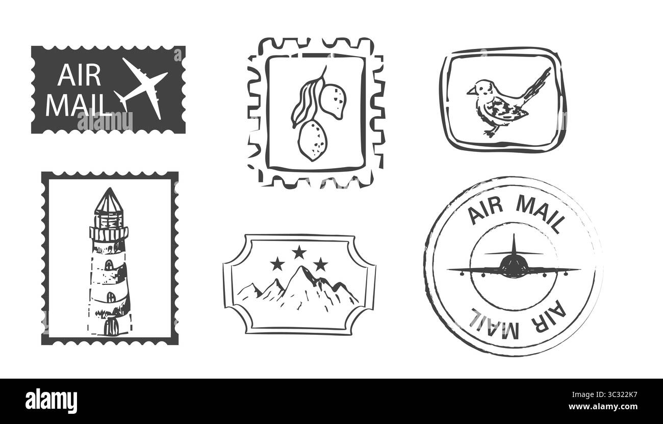 Stamp grunge retro postage seal, postmark with plane, doodle vintage ...