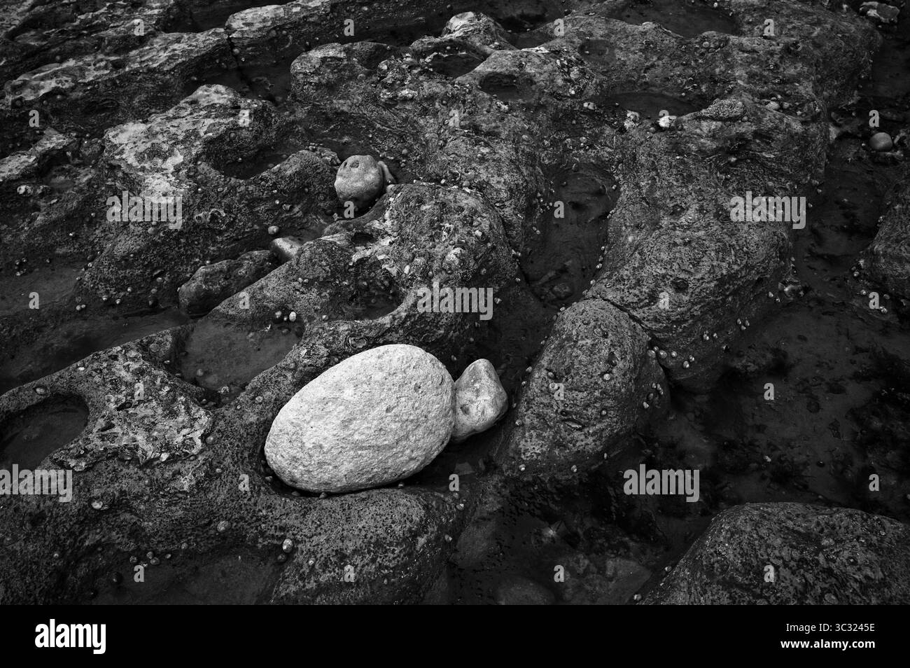 Pebbles, stones, pebbles on the beach, black and white, Yport, chalk ...