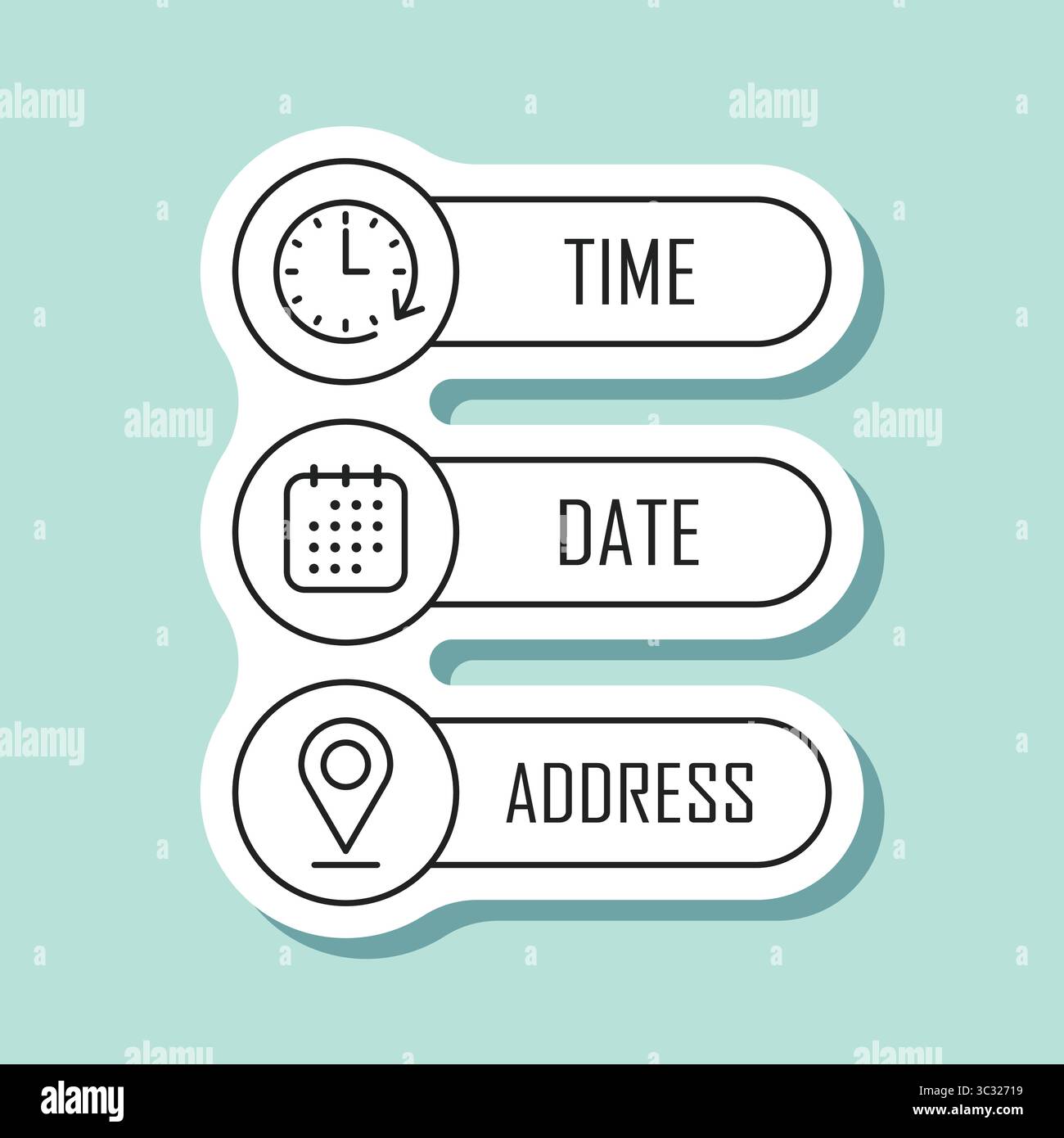 Date, time, location sticker icon in flat style. Event message vector ...