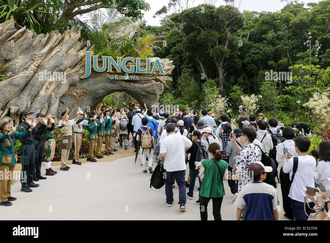 Visitors form a line to enter Junglia Okinawa theme park in Nakijin in Okinawa Prefecture ...