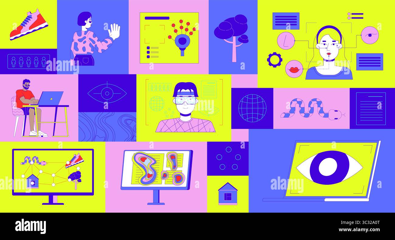 Eye tracking digital innovation bento grid illustration set Stock ...