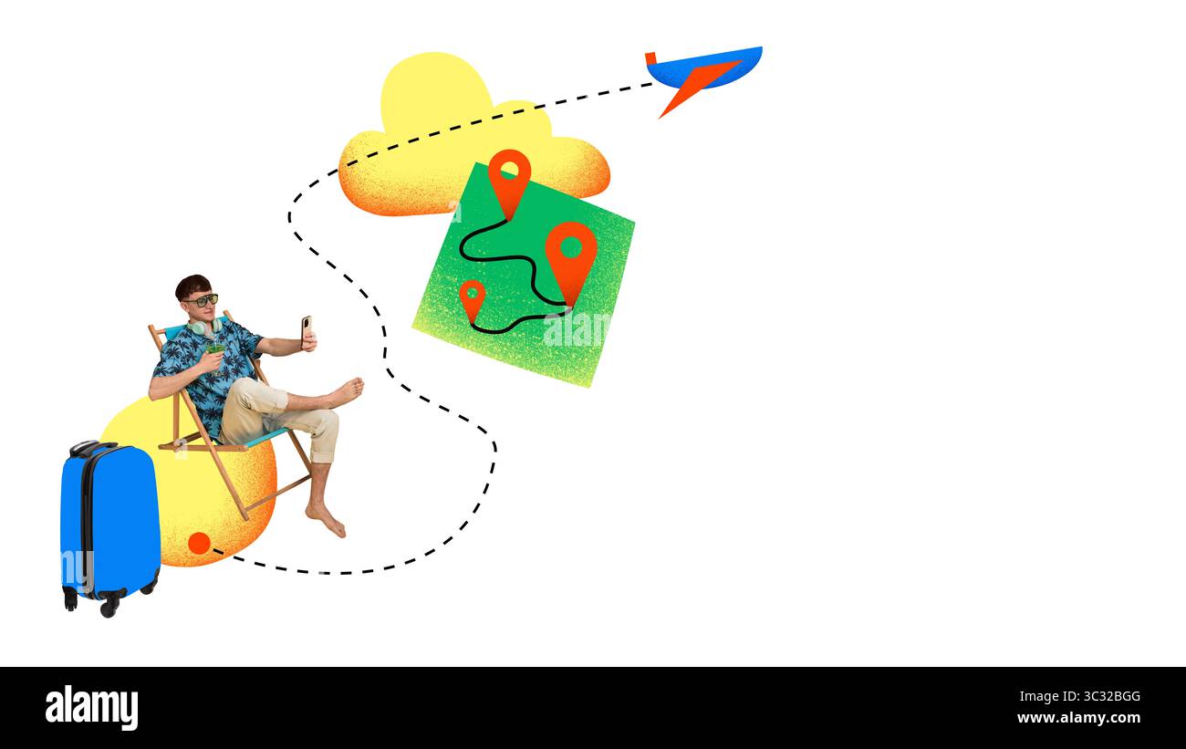 Modern digital artwork of relaxed tourist man in sunglasses using ...