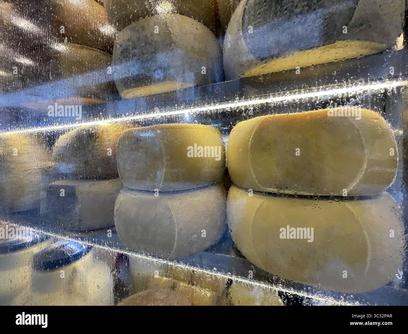 Wheels of rustic cheeses in a cool, traditional aging cellar Stock ...