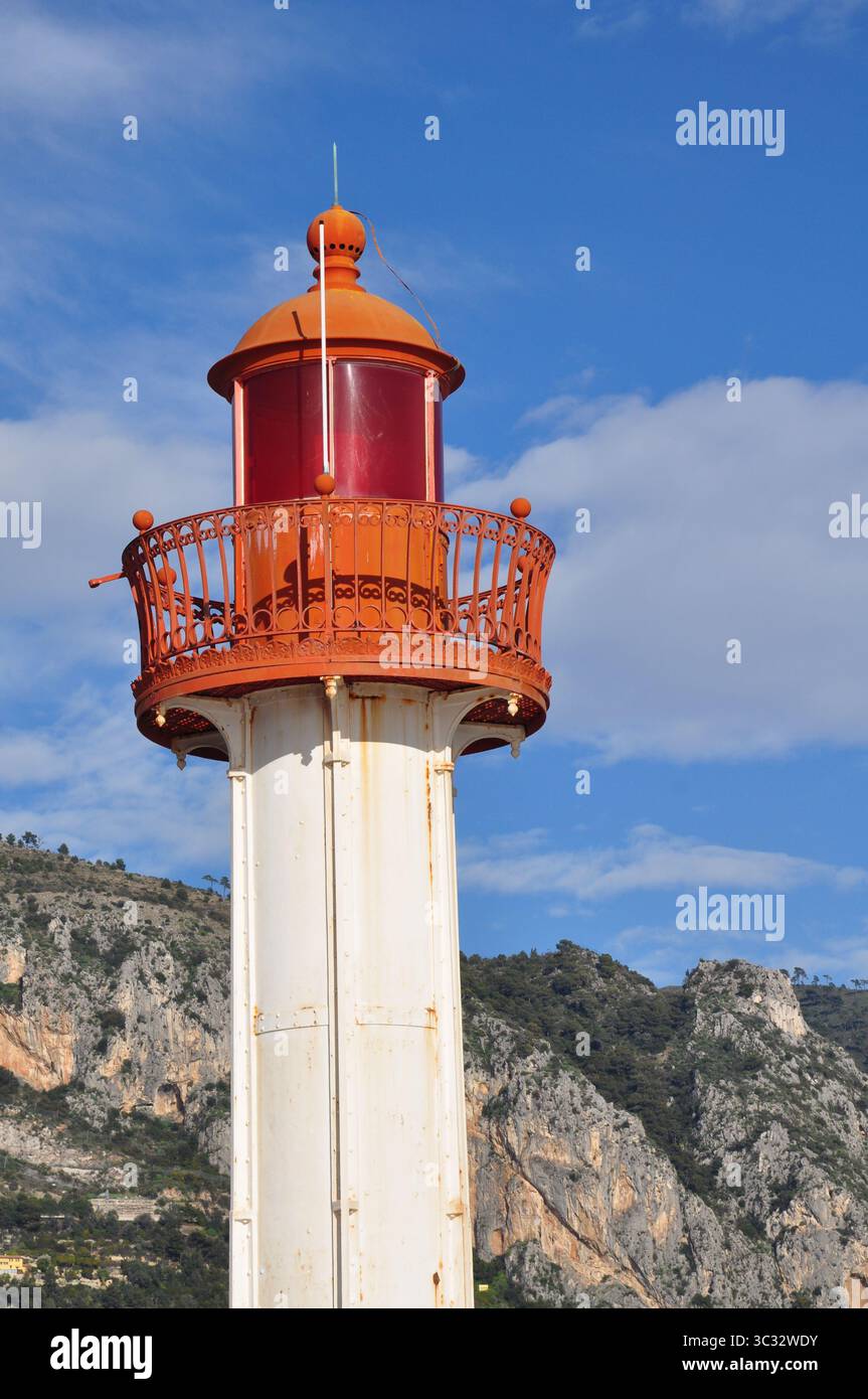 Entrance beacon to the old port Menton a seaside border town with Italy ...