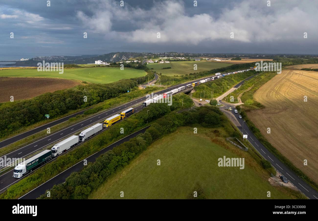 Lorries queue along the A20 outside Dover in Kent as the Port of Dover ...