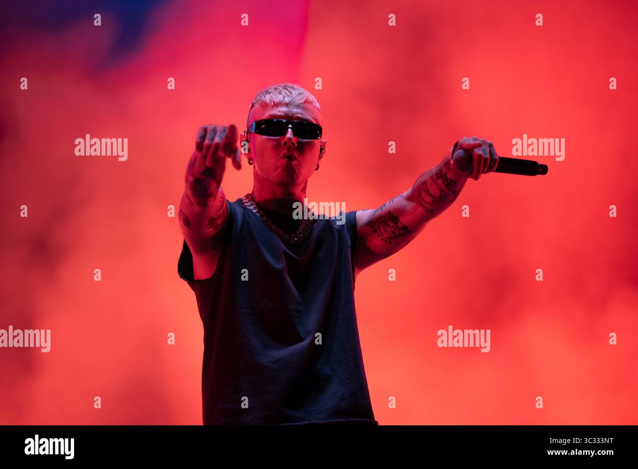 Salerno, Italy. 24th July, 2025. Jacopo Lazzarini aka Lazza performs ...