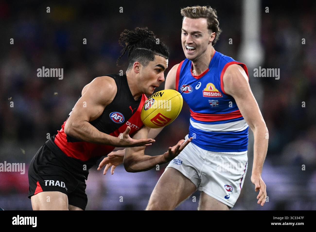 Isaac Kako of the Bombers (left) and Luke Cleary of Western Bulldogs ...