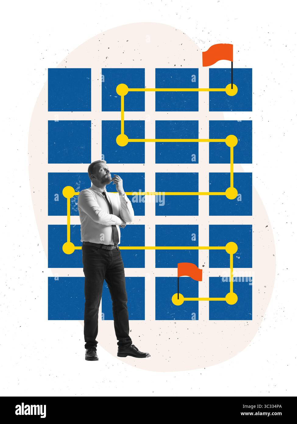 Colorful collage of businessman exploring decision map with yellow path ...