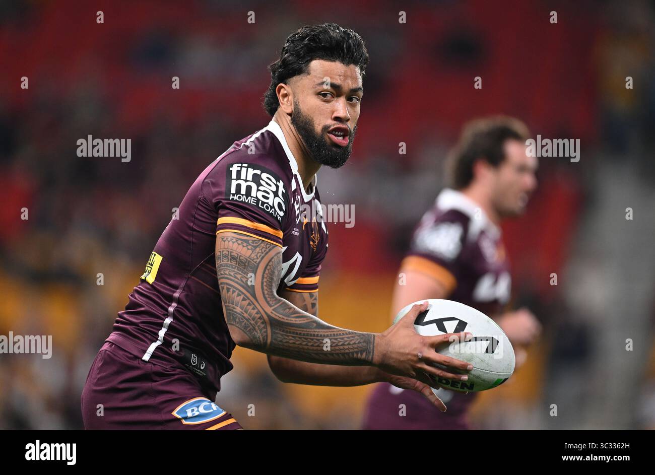 Xavier Willison of the Broncos warms up prior to the NRL Round 21 match ...