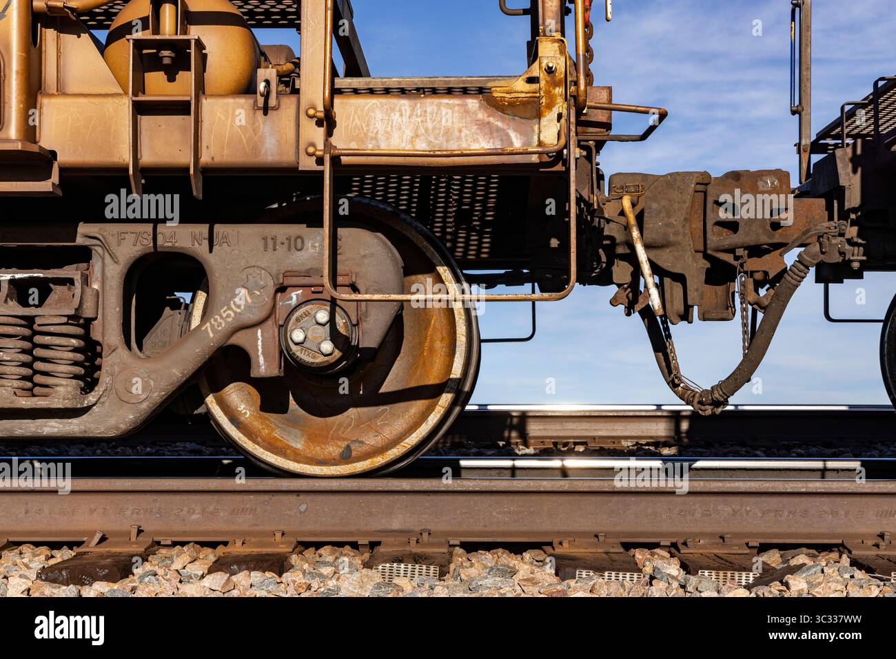 Close-up detail of freight cars coupled together Stock Photo - Alamy