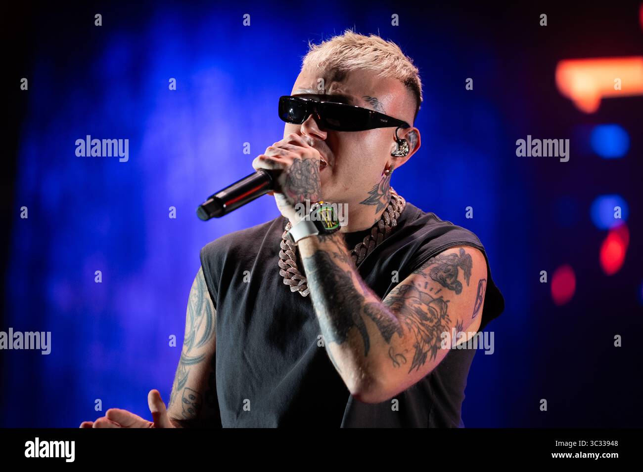 Salerno, Italy. 24th July, 2025. Jacopo Lazzarini aka Lazza performs ...