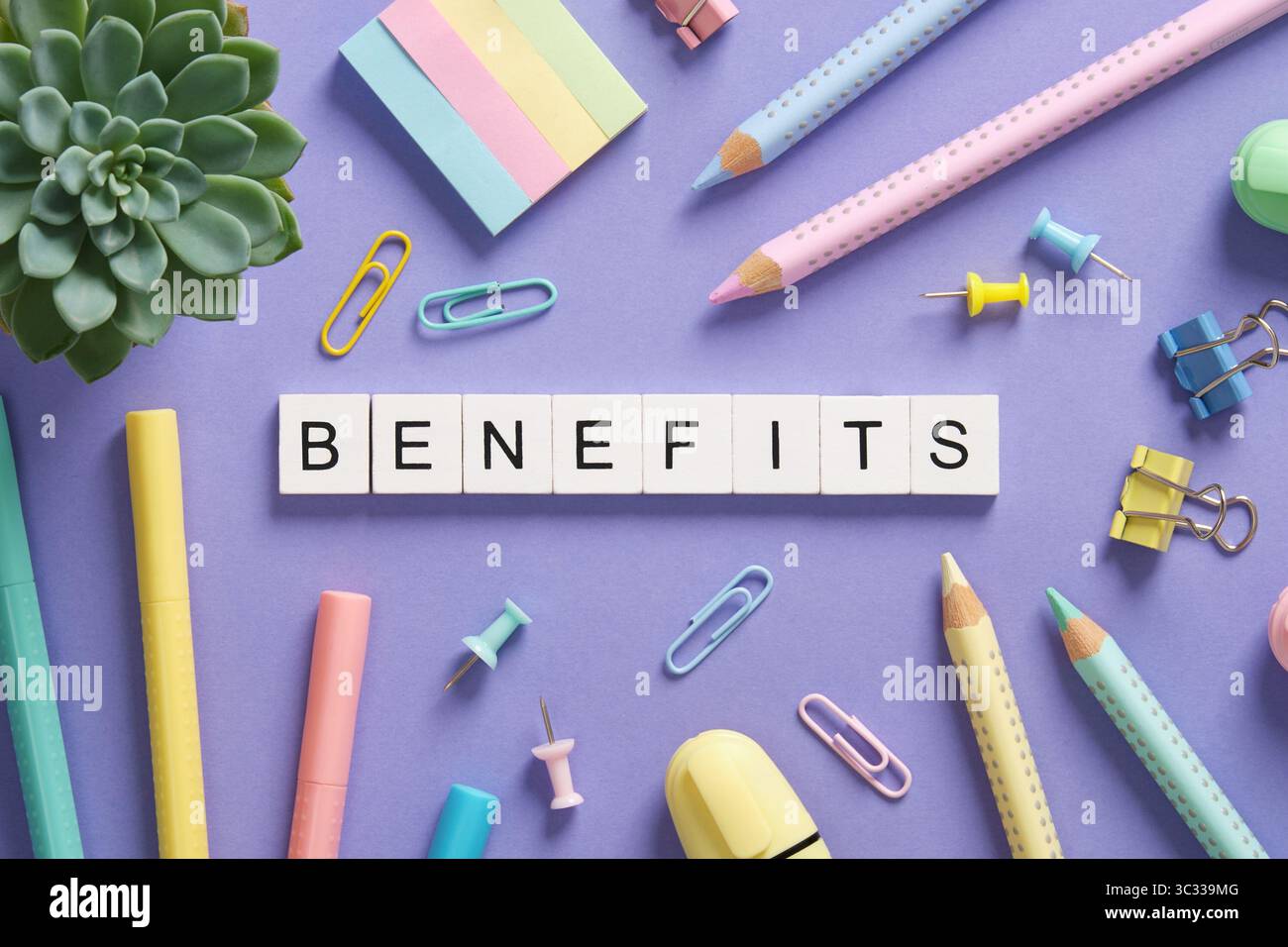 Word Benefits in English made of wooden blocks on a background of ...
