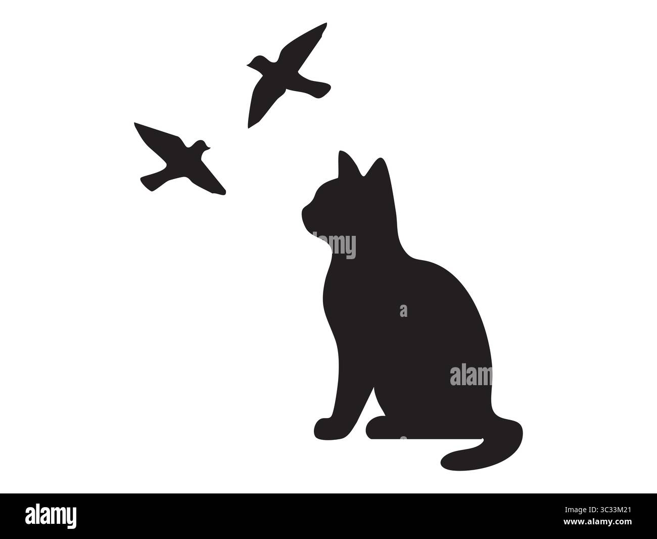 Black silhouette of sitting cat watching birds, isolated on white ...