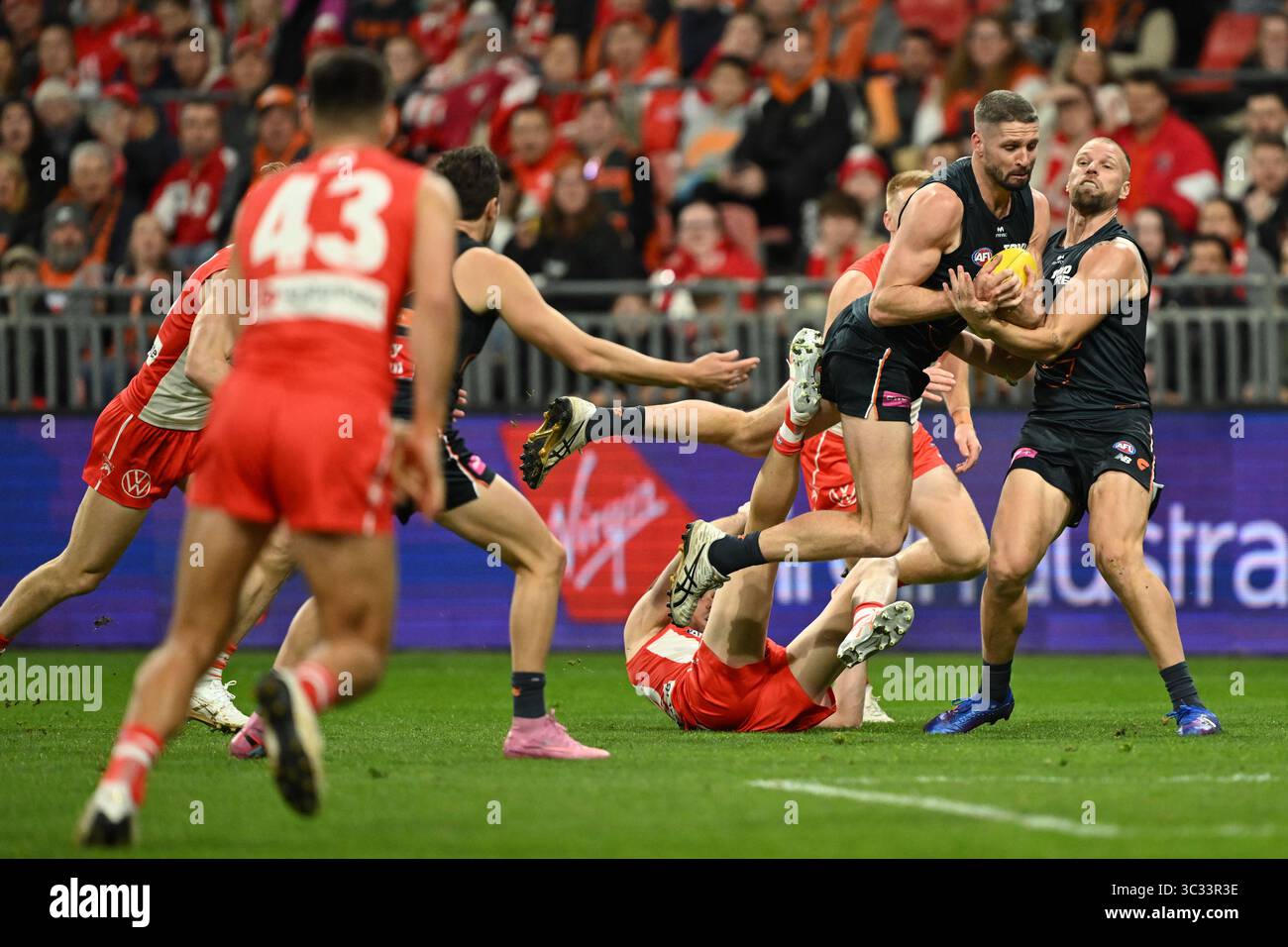 Jesse Hogan of the Giants marks the ball during the AFL Round 20 match ...