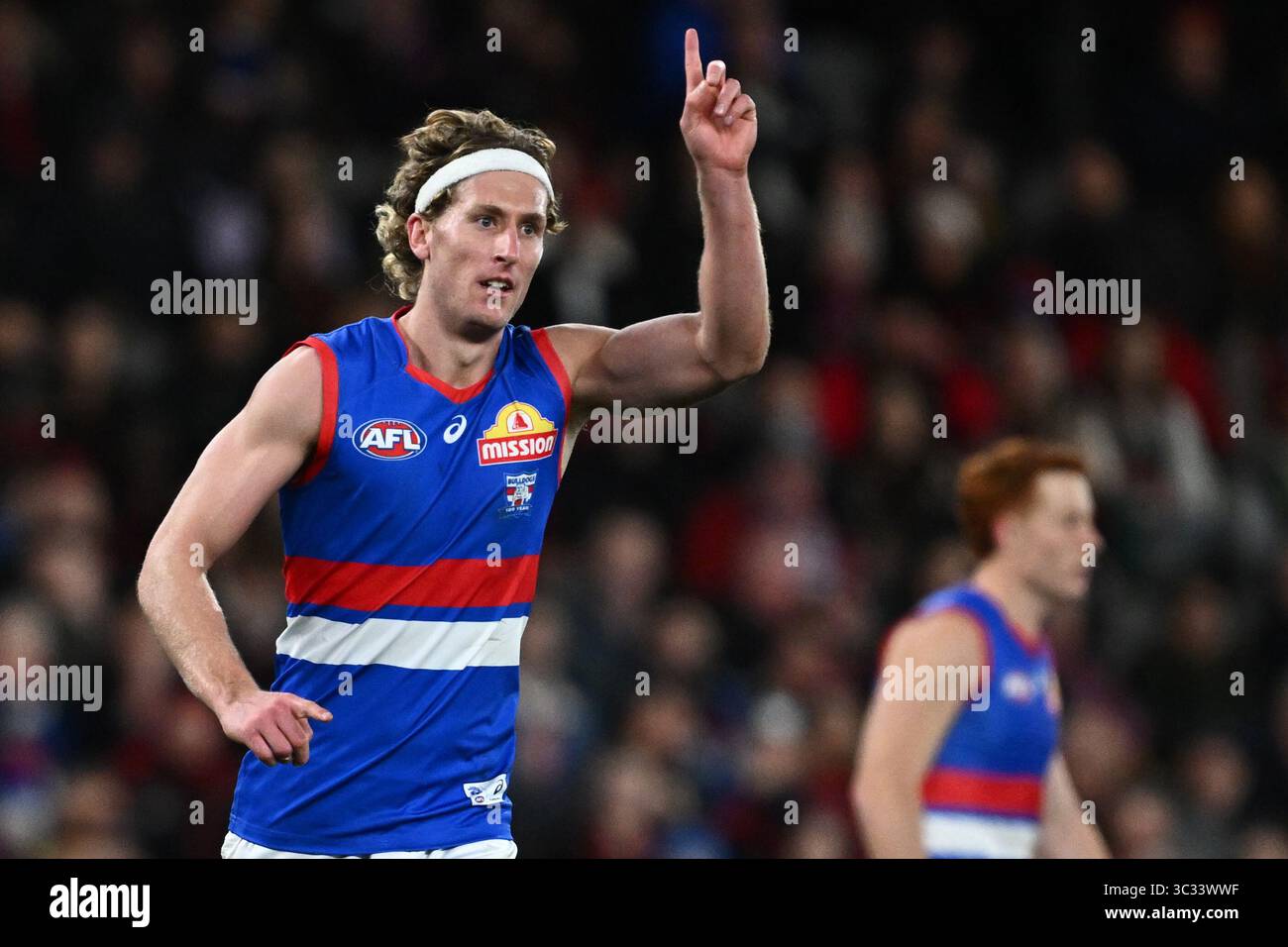 Aaron Naughton of Western Bulldogs celebrates scoring a goal during the ...